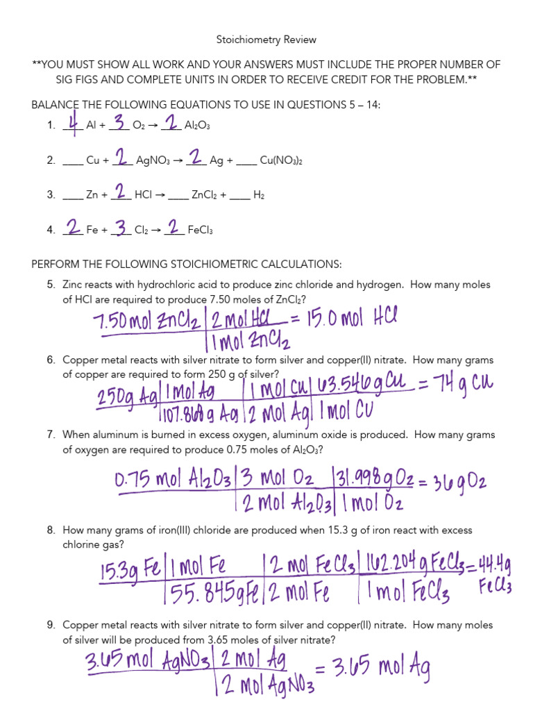 stoichiometry_review_key | PDF | Stoichiometry | Hydrochloric Acid