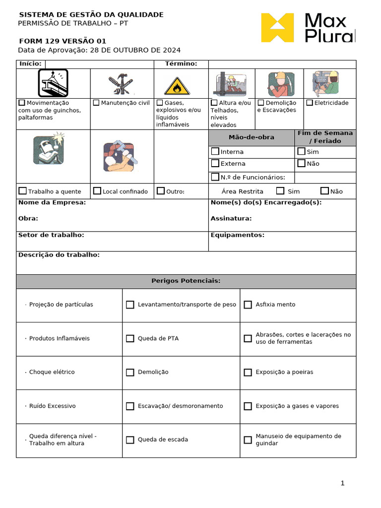 (Form 129) Form 129 - PT - Permissão de Trabalho | PDF | Eletricista ...