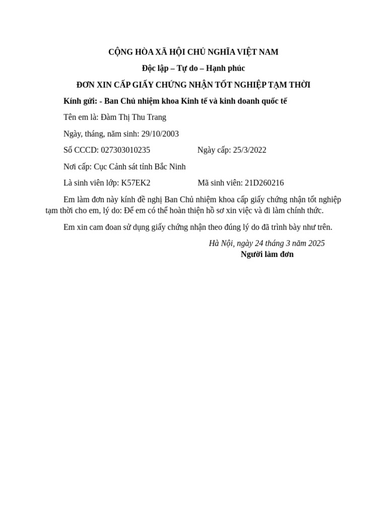 Đơn Xin CNTN T M TH I | PDF