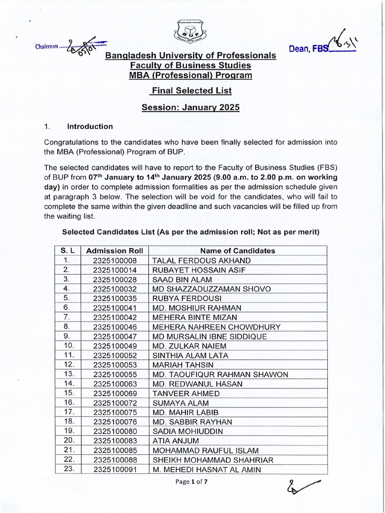 MBA (Professional) Admission Final Result January 2025 | PDF