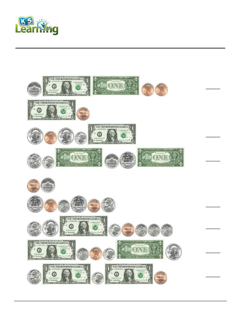 Grade 3 Counting Money Four Coins Plus One Dollar A | PDF