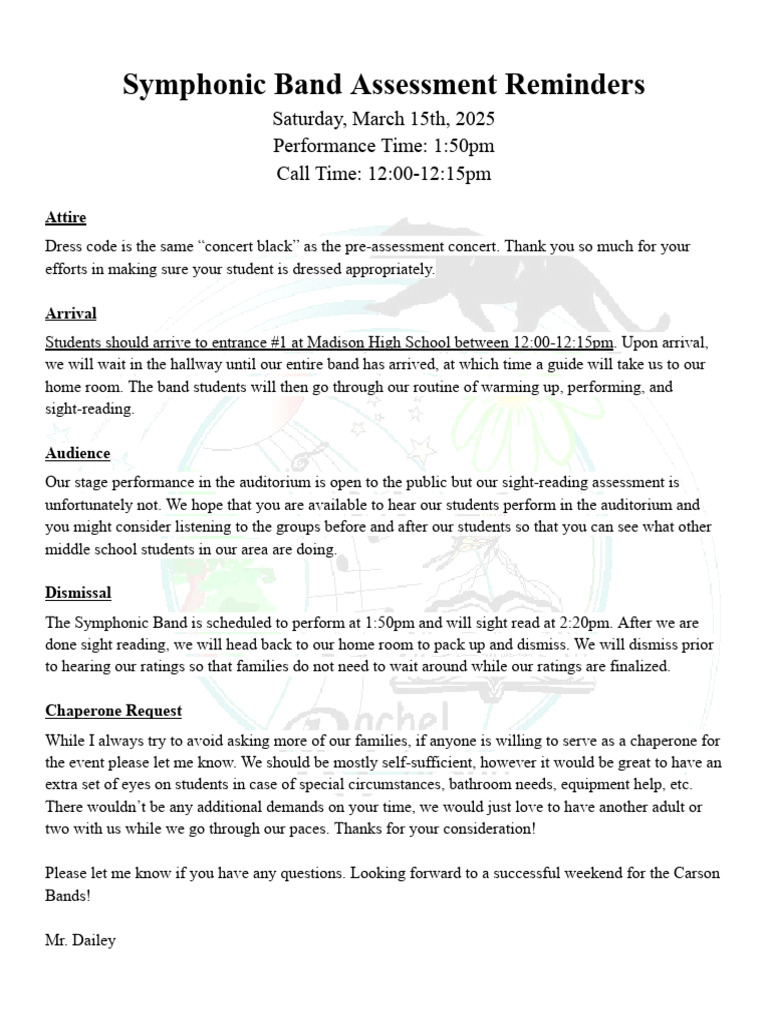 24-25 Symphonic Band Assessment Reminders | PDF