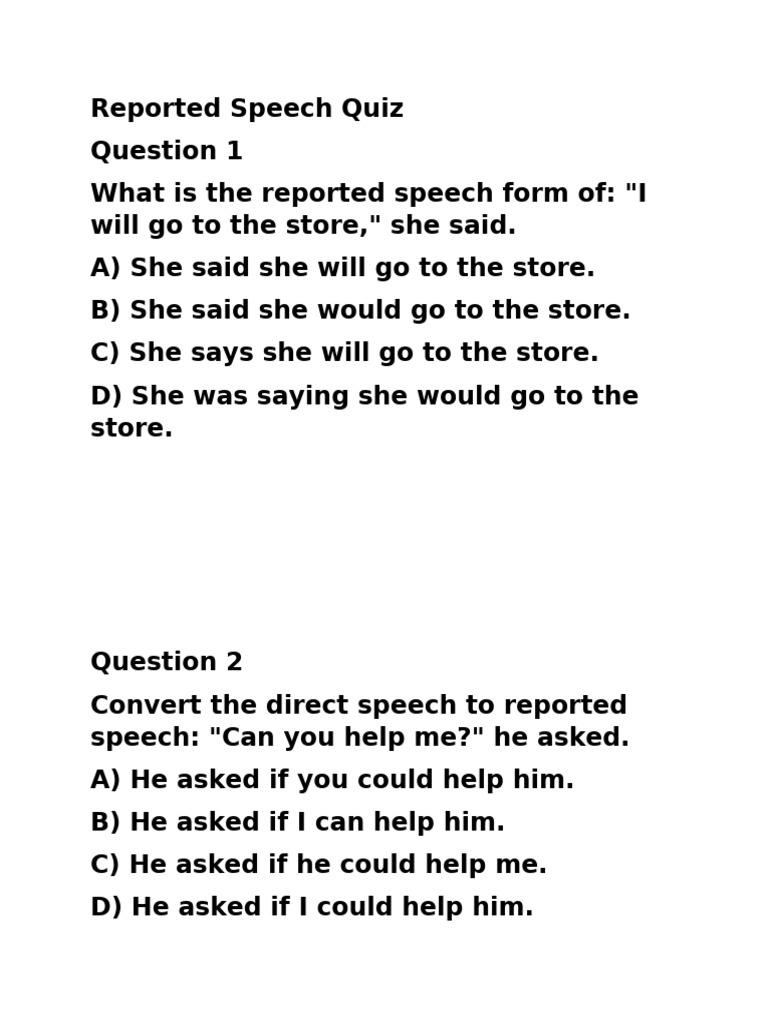 Reported Speech Quiz | PDF | Question | Semantics