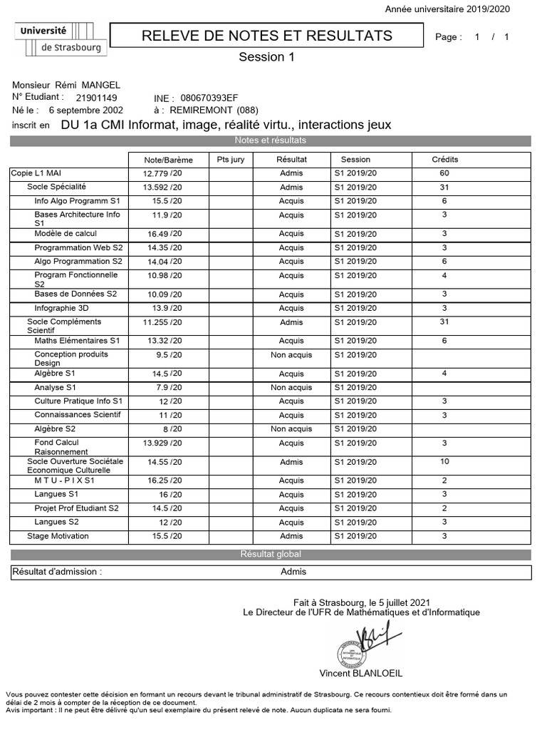 Relevé de notes L1 MAI 2019/2020 | PDF | Informatique | Informatique