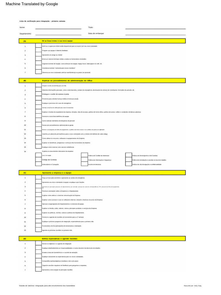 Onboarding Checklist - First Week | PDF | Gestão de recursos humanos