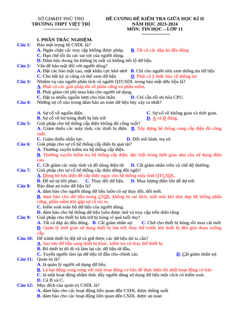 K11- ĐỀ CUONG GK2 (ĐÁP ÁN) | PDF