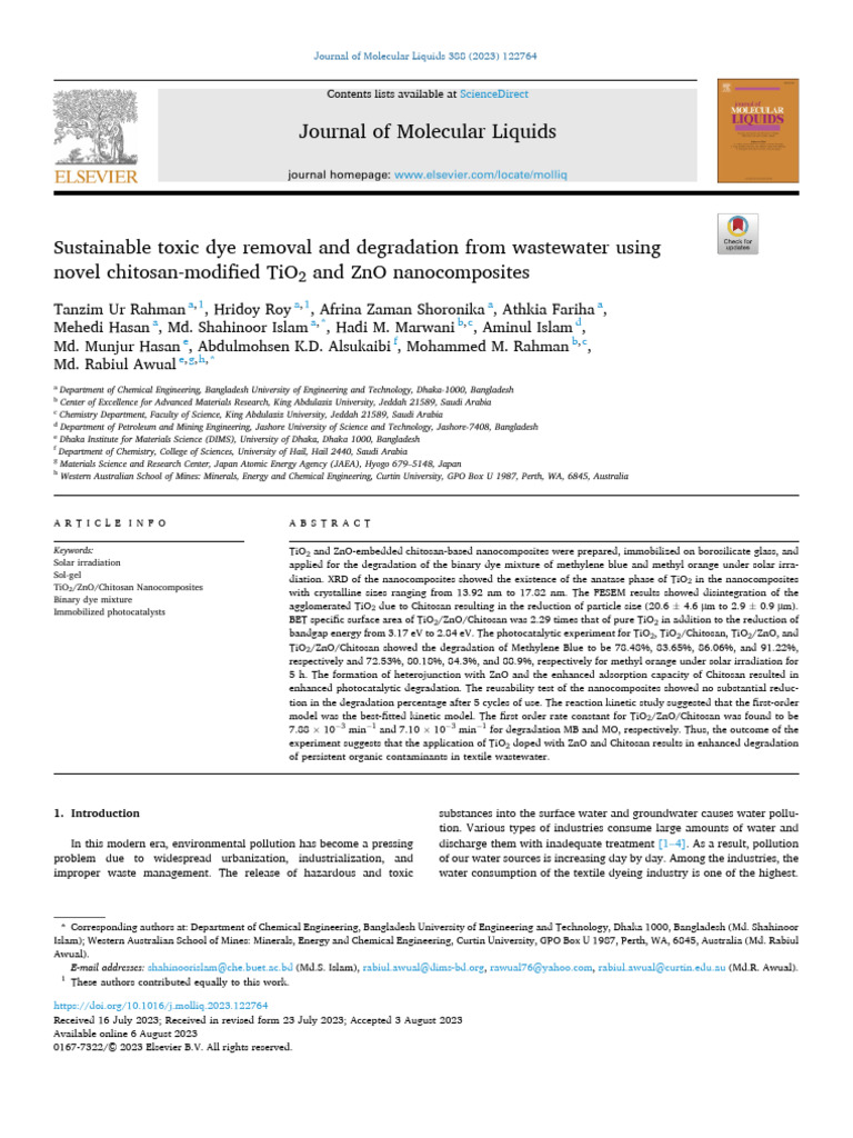 Chitosan-TiO2/ZnO for Dye Removal | PDF | Titanium Dioxide | Zinc Oxide