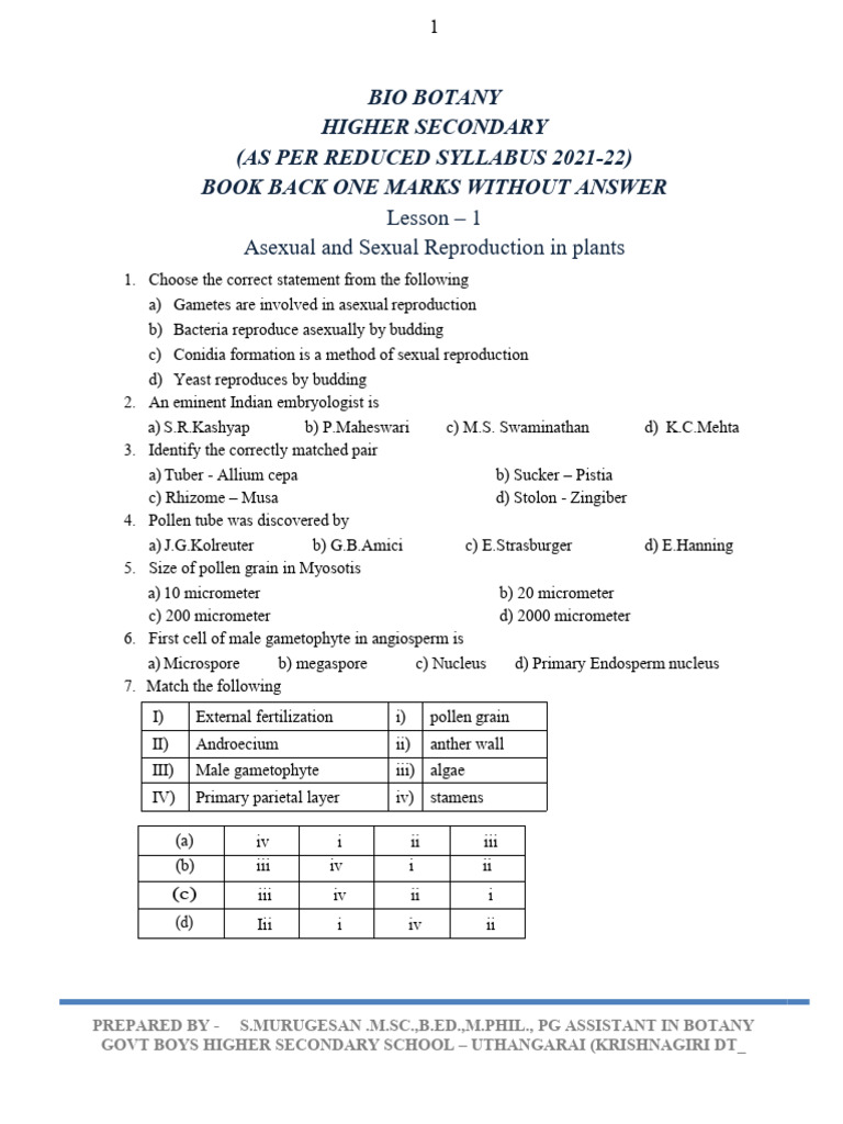 12th Bio Botany Book Back 1 Mark Question Paper English Medium PDF ...
