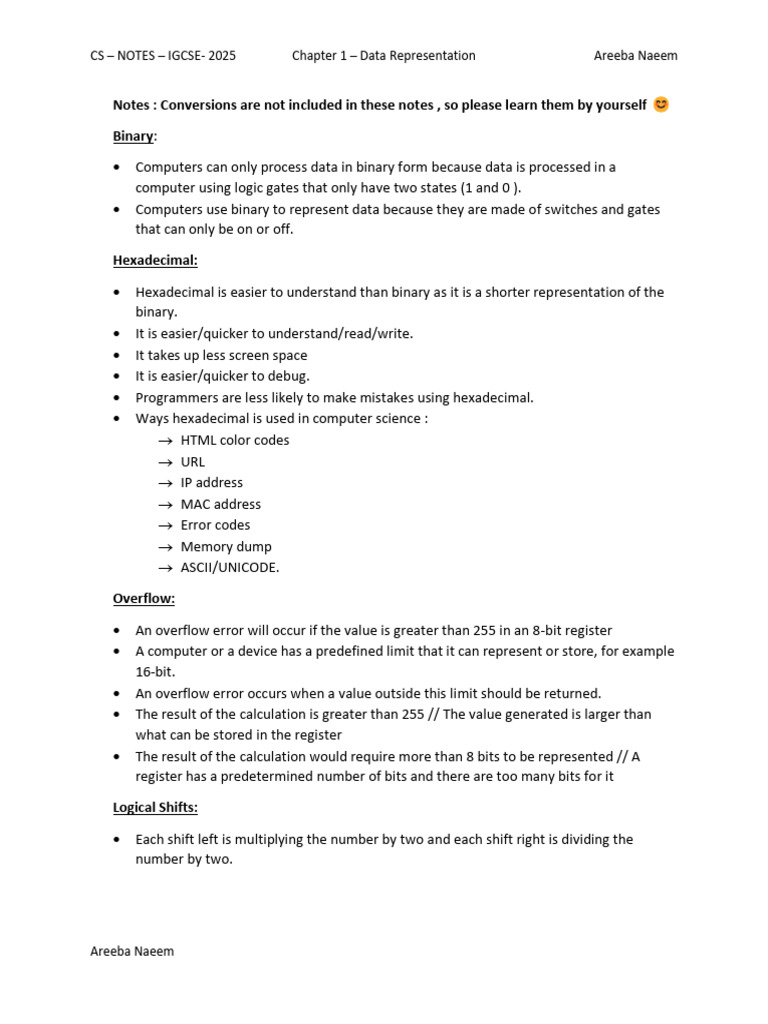 CHAPTER1- DATA REPRESENTATION - AREEBA NAEEM | PDF | Data Compression | Bit