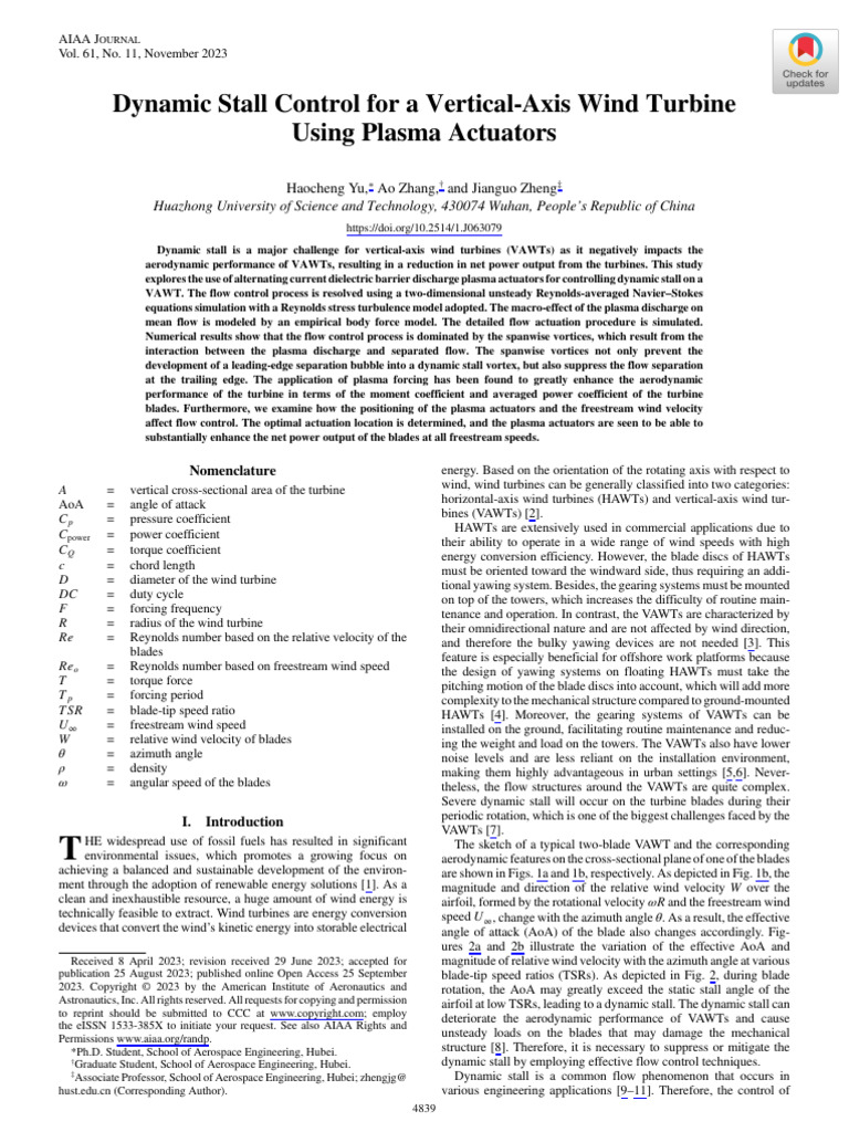 Yu Et Al 2023 Dynamic Stall Control For A Vertical Axis Wind Turbine Using Plasma Actuators ...