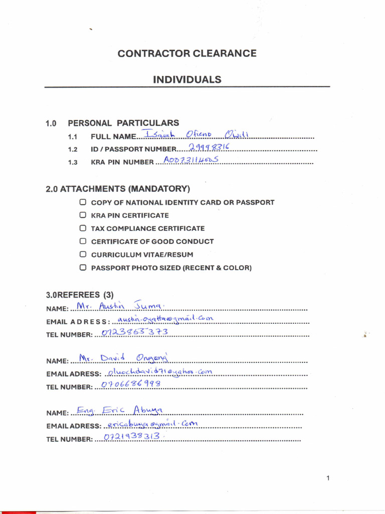 Isaiah Filled Contractor Clearance Form | PDF