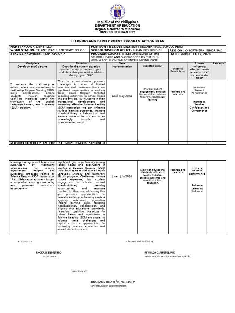 Action Plan On Learning and Development Program | PDF | Literacy | Learning