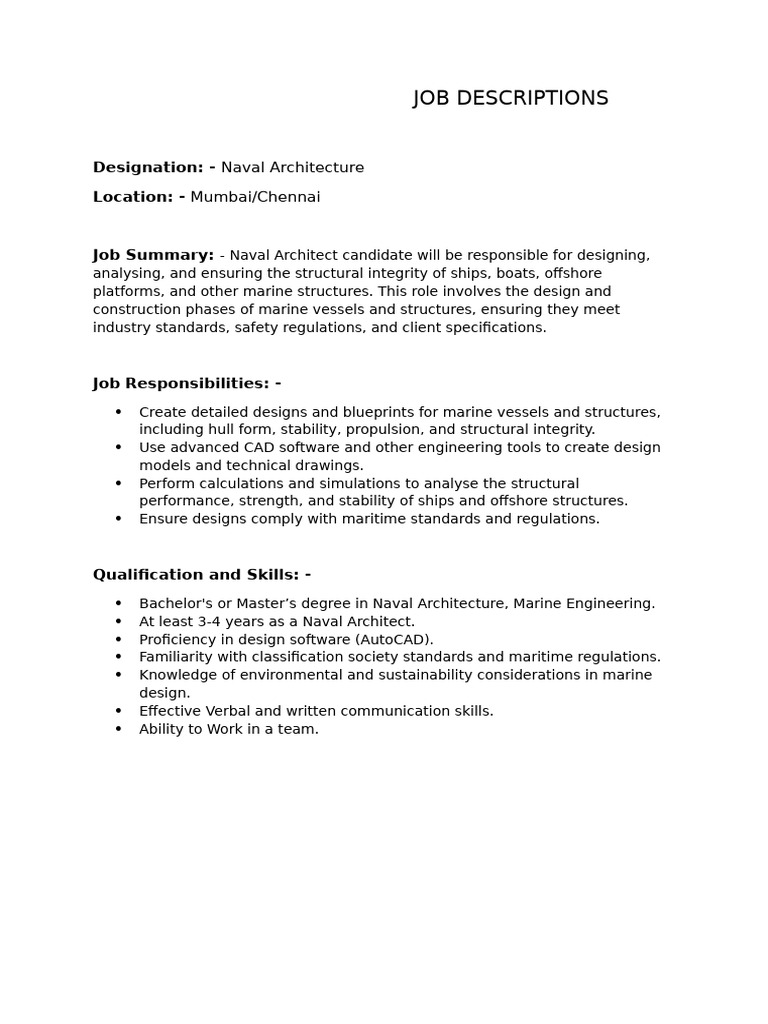 Naval Architect Job Description Mumbai/Chennai | PDF