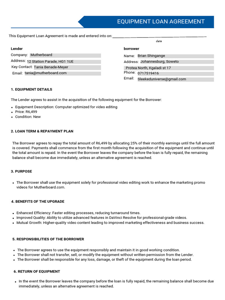 Equipment Loan Agreement | PDF | Loans | Indemnity