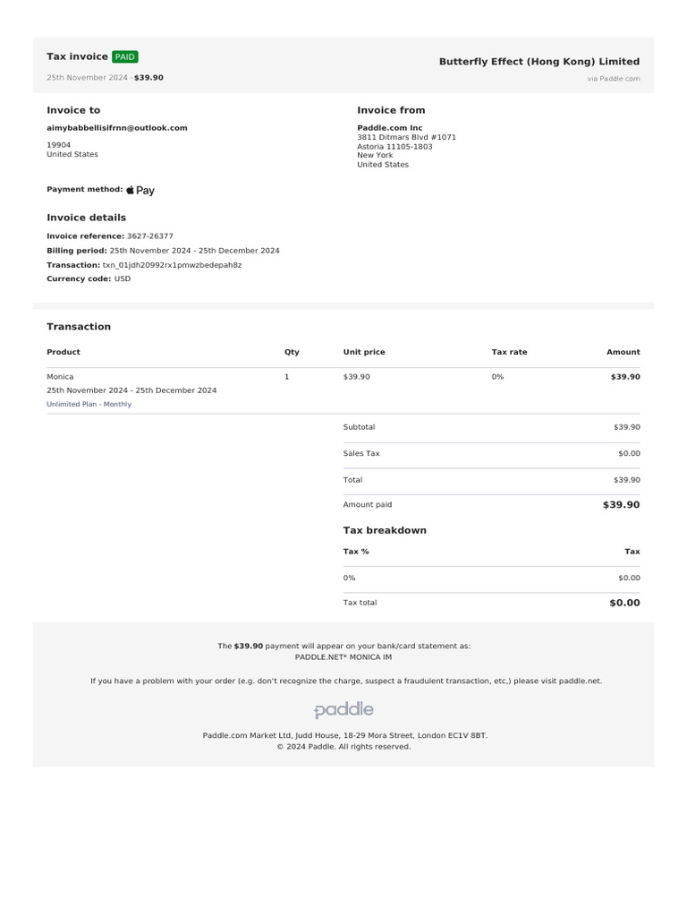 Butterfly Effect Invoice - $39.90 | PDF | Invoice | Taxes