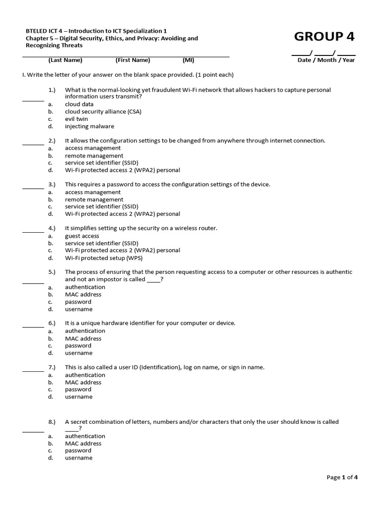 Digital Security Quiz: Ethics & Privacy | PDF | Wi Fi | Password