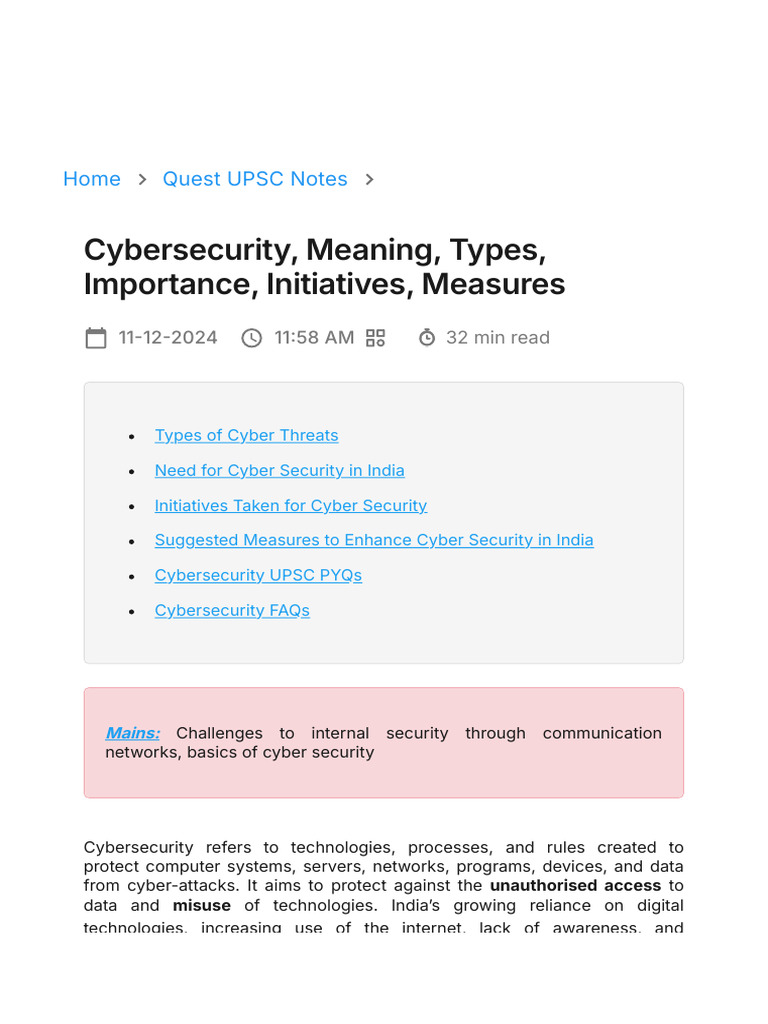 Cybersecurity, Meaning, Types, Importance, Initiatives, Measures | PDF ...