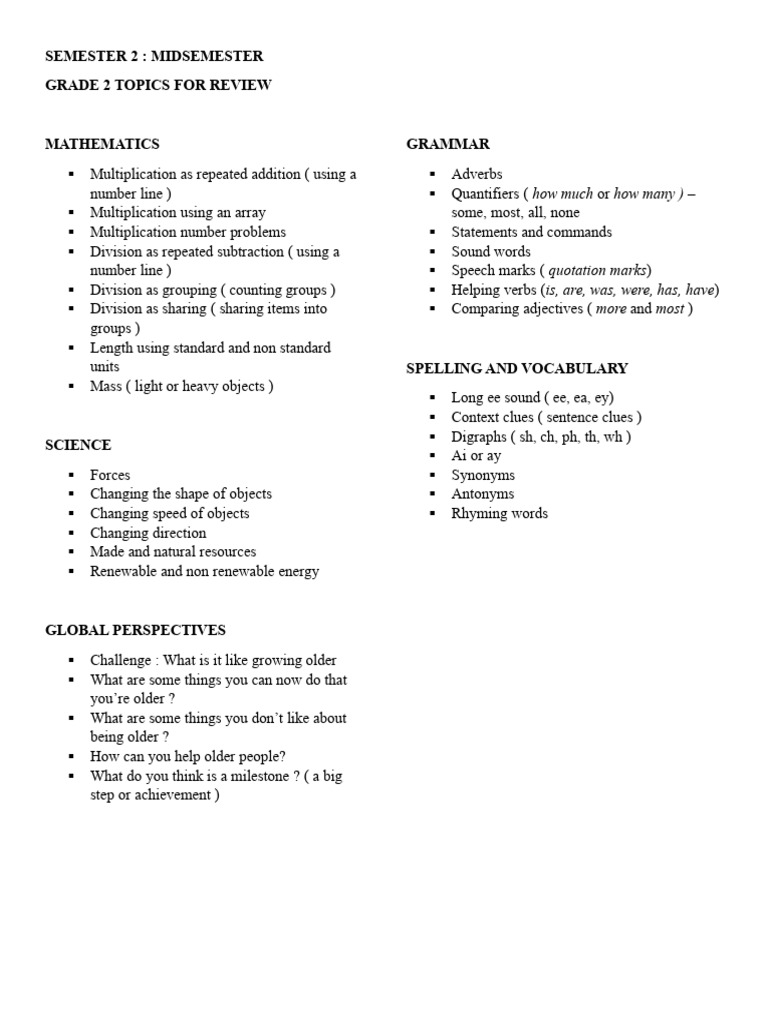 Grade 2 Midsemester Review Topics | PDF