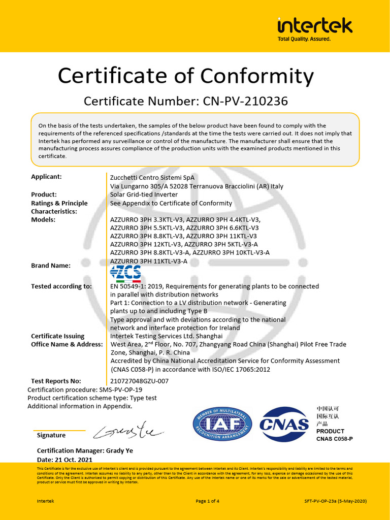 Attestation of Conformity With EN50549 - VDE0126 Ireland 3.3 12KTL V3 ...