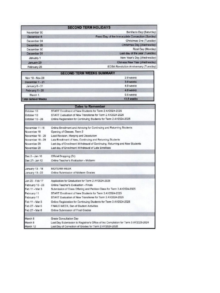 2nd Term Calendar (TF) STS AY 2024-2025 | PDF