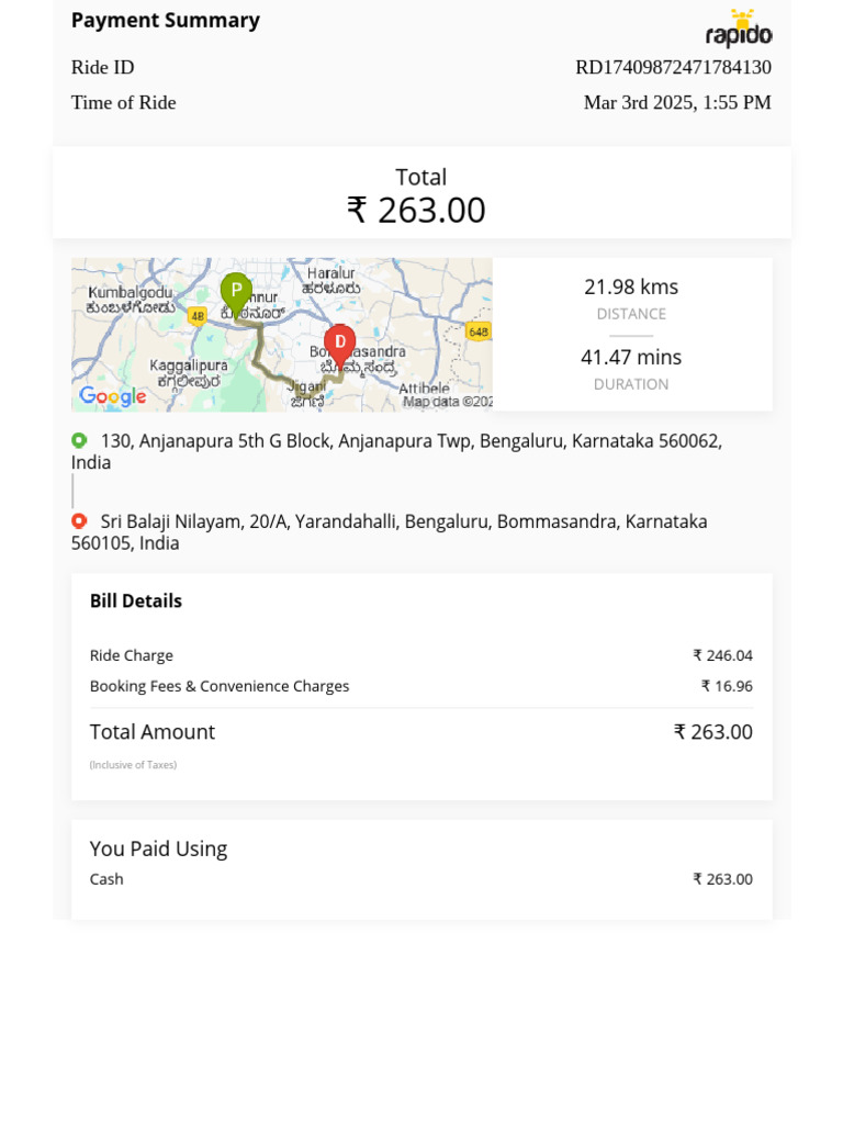Anjanapura 5th G Block Ride Invoice | PDF | Invoice | Bangalore