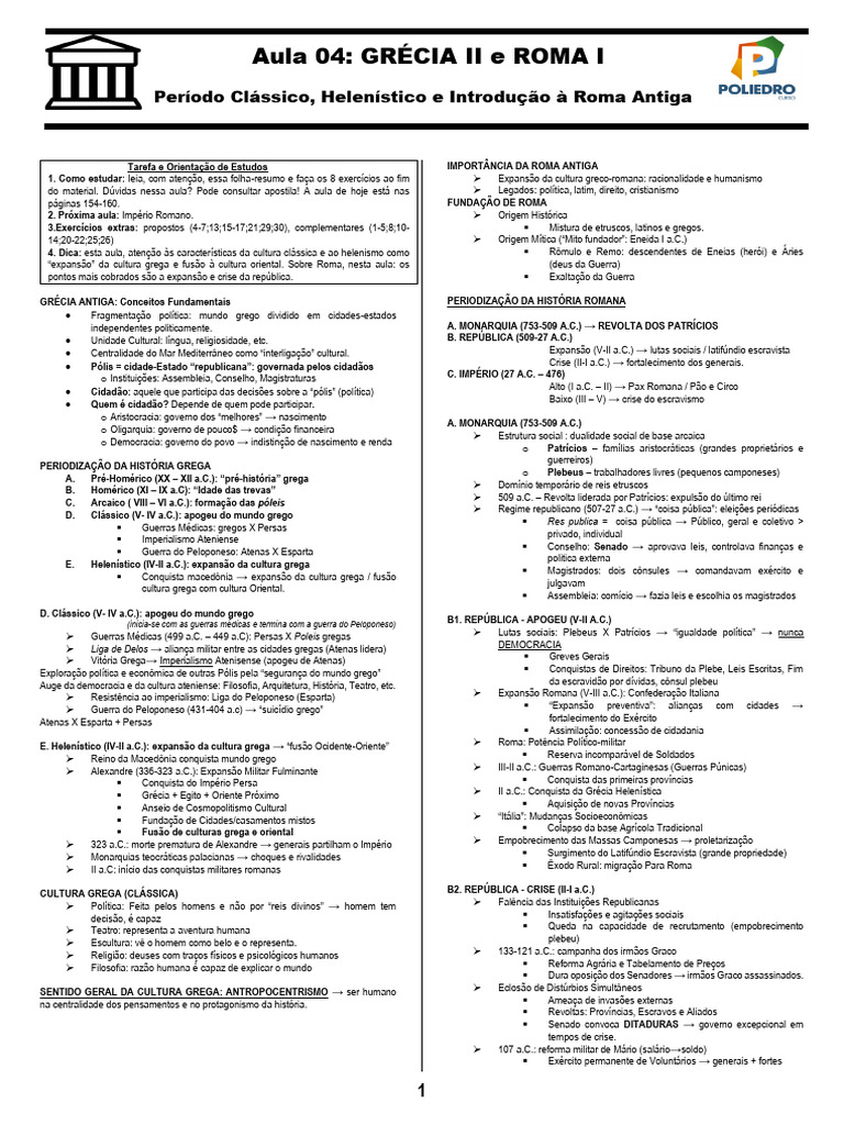 AULA 4. Grécia II e Roma I (Folhinha) | PDF | Grécia Antiga | Roma Antiga