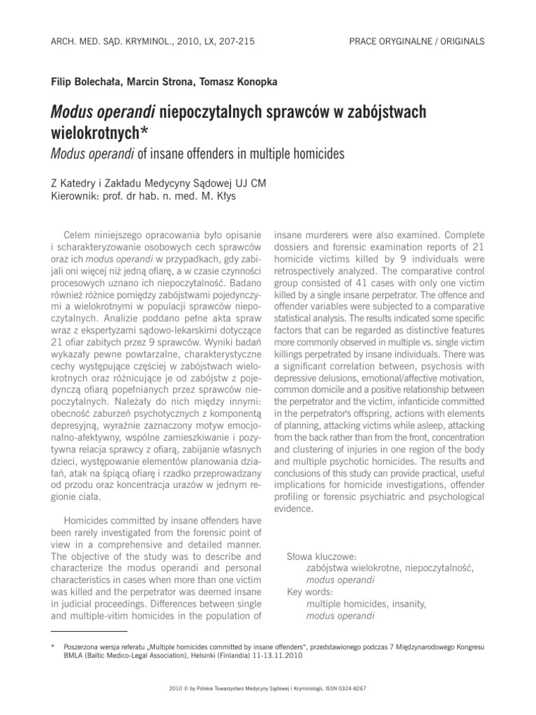 Modus Operandi Niepoczytalnych Sprawców Zabójstw Wielokrotnych | PDF
