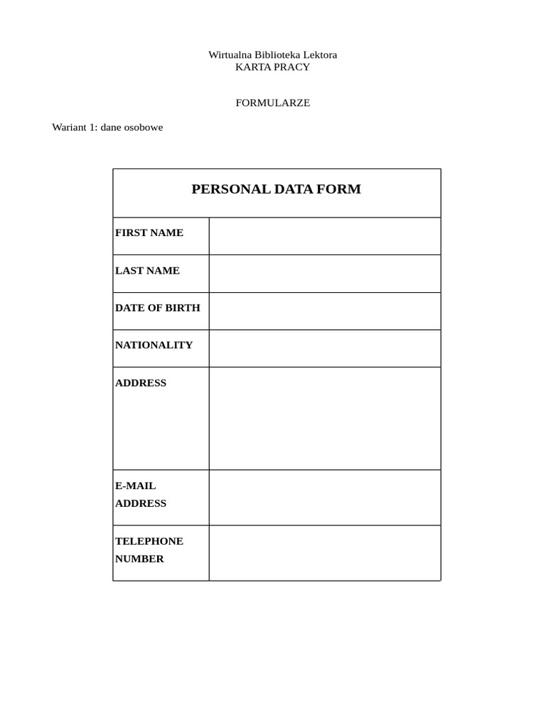 Personal Data Form: Wirtualna Biblioteka Lektora Karta Pracy | PDF