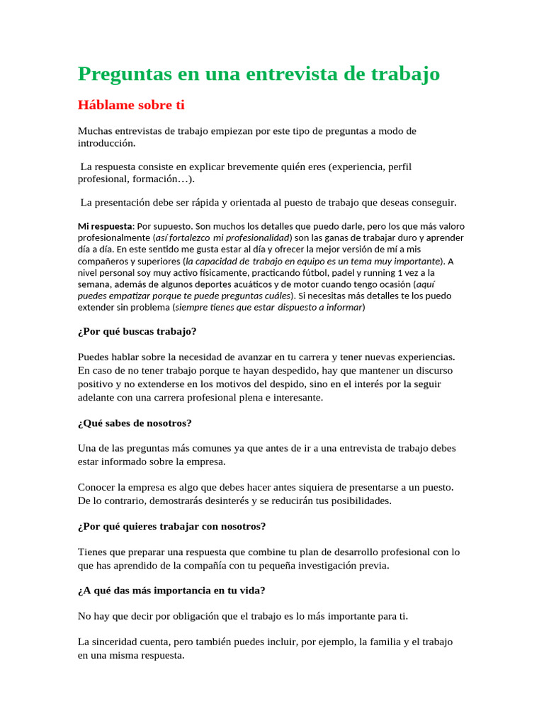 Preguntas en Una Entrevista de Trabajo | PDF | Entrevista de trabajo