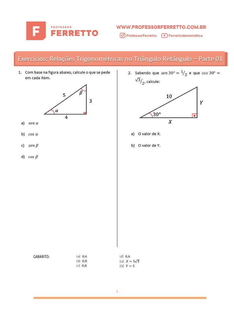 Atividade - Relacoes Trigonometricas No Triangulo Retangulo Parte-01 - Prof Paladino | PDF