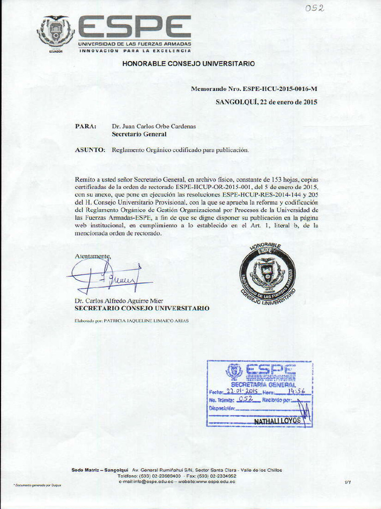 A1reglamento Organico Gestion Organizacional Procesos Codificado Universidad Espe | PDF