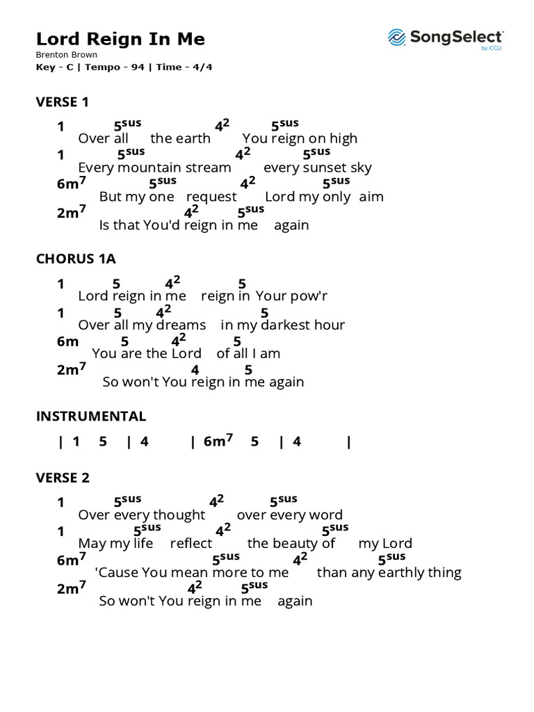 Lord Reign In Me - Chords & Lyrics | PDF