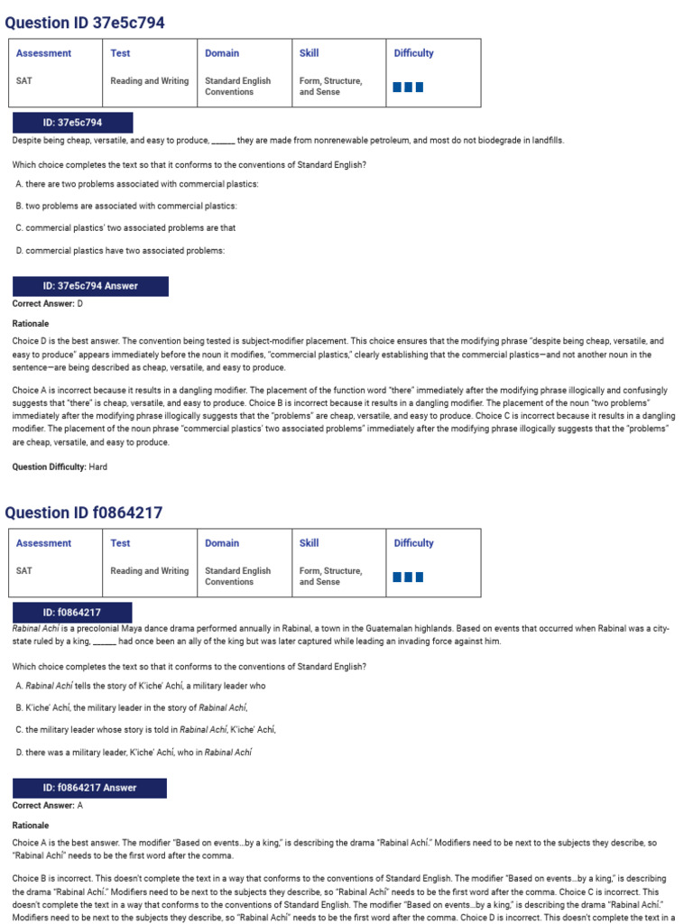 SAT ENGLISH QUESTIONS Form, Structure, Sense-Hard With Answers | PDF ...
