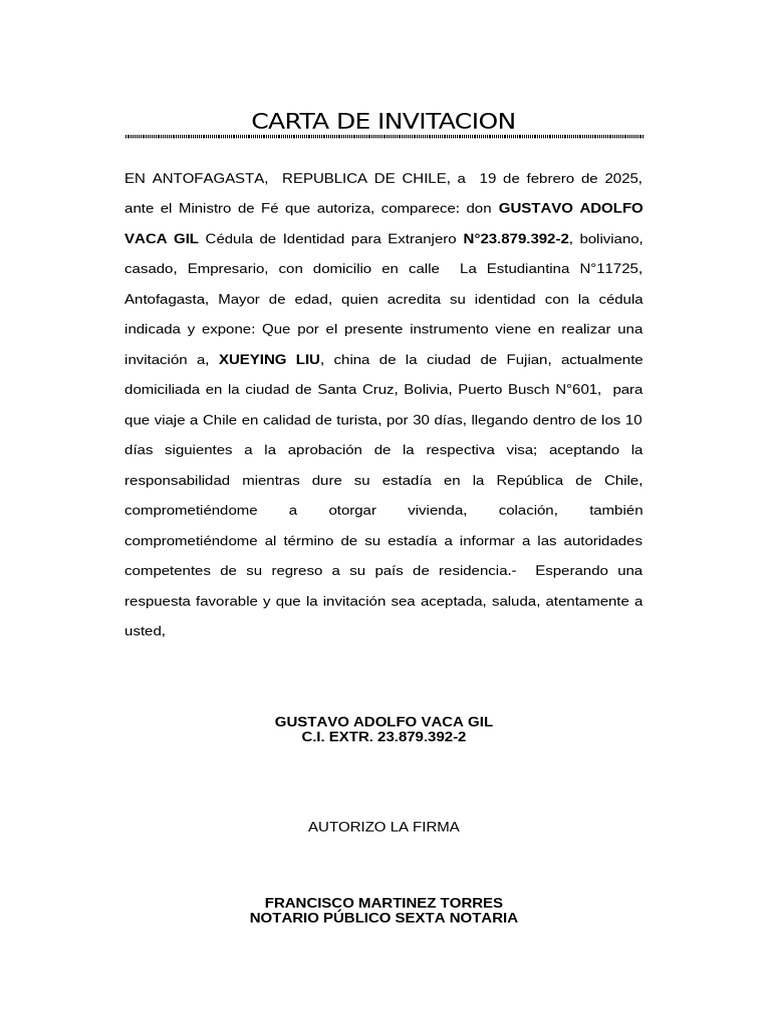Carta de Invitación a Chile por Vaca Gil | PDF