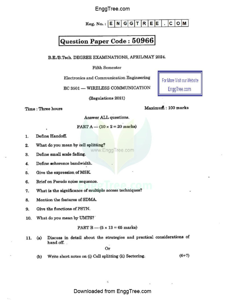 EC3501 Wireless Communication Apr May 2024 Question Paper Download | PDF