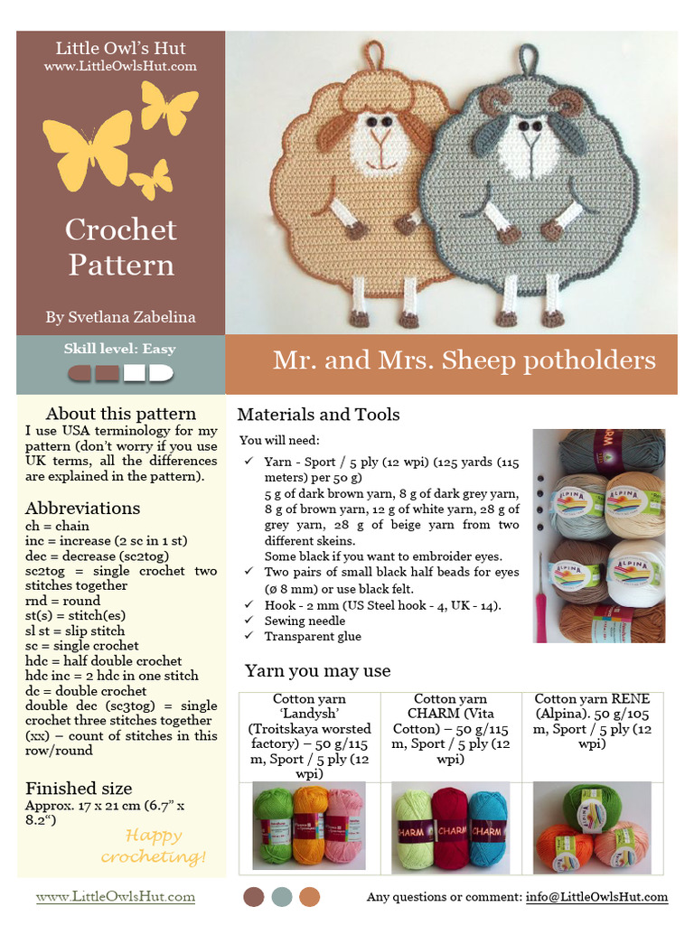 065 Mr and Mrs Sheep potholder | PDF | Crochet | Yarn