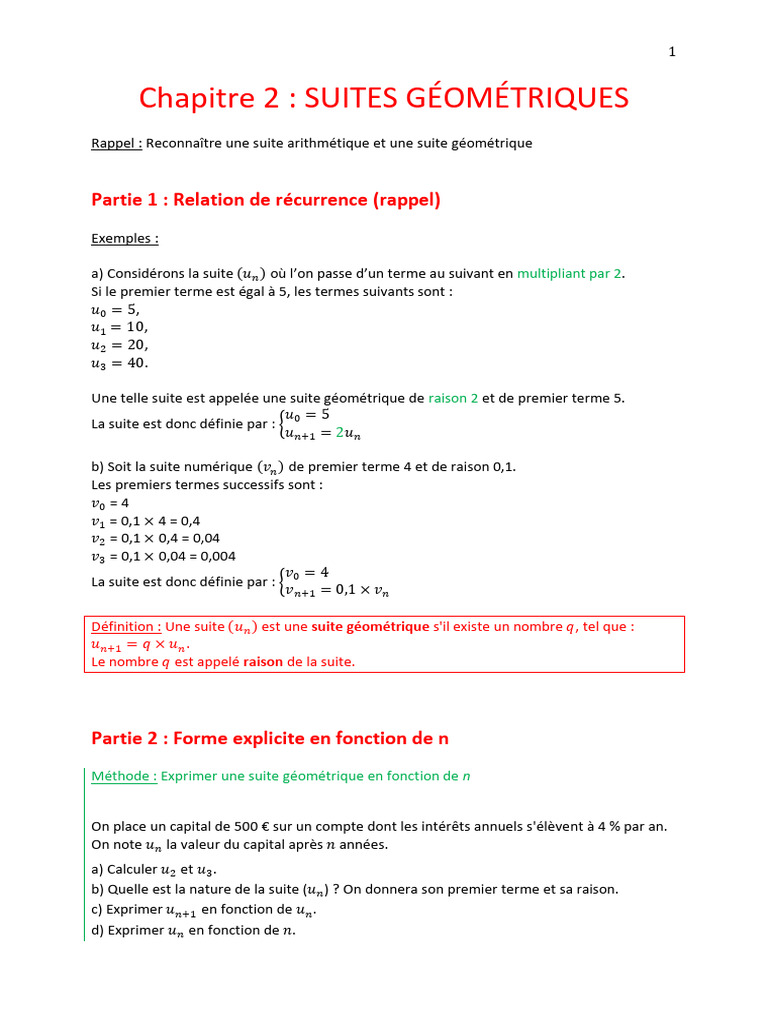 Suites géométriques : définitions et méthodes | PDF | Mathématiques ...