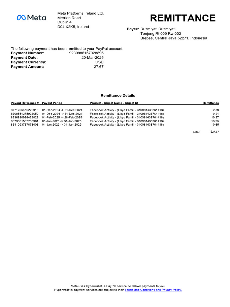 Meta Payment Remittance Details | PDF | Payments | International Finance