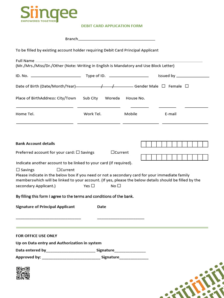 Primary and Secondary Debit Card Application Form | PDF | Debit Card ...