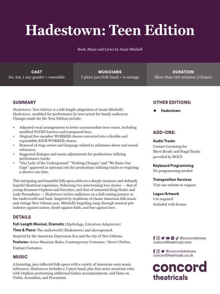 Hadestown Teen - Show Summary | PDF