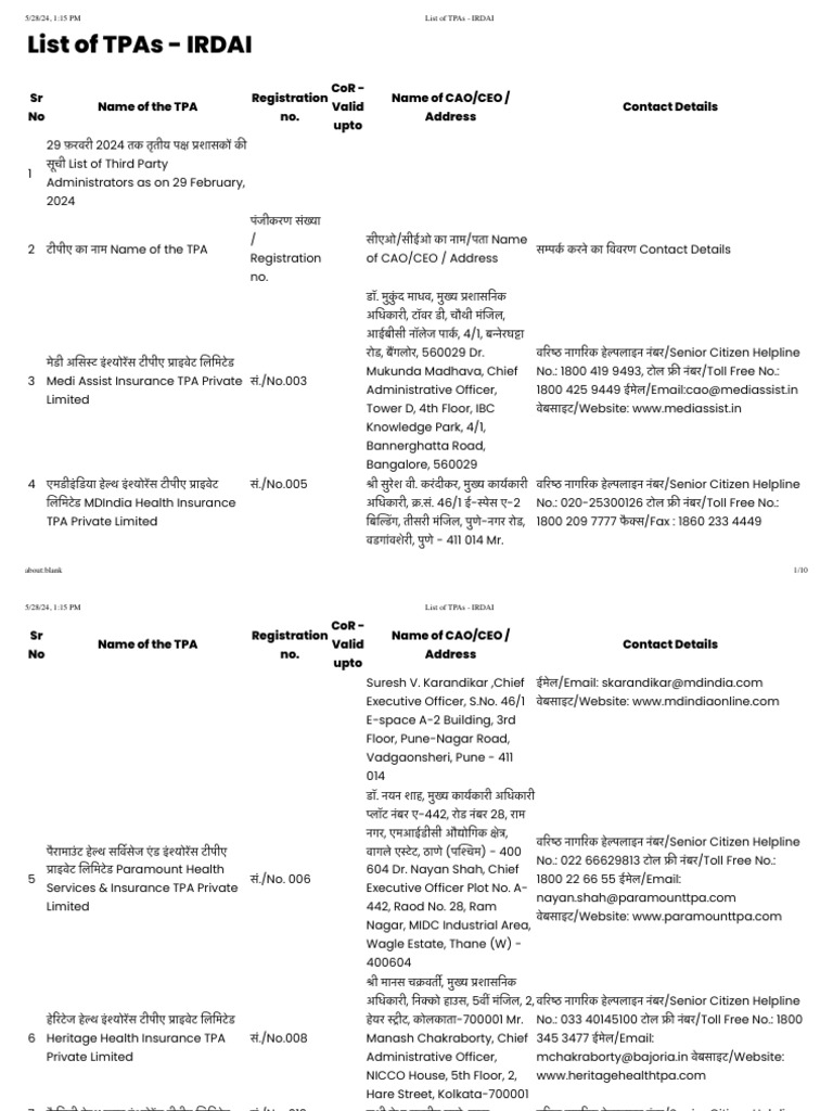 List of TPAs - IRDAI | PDF