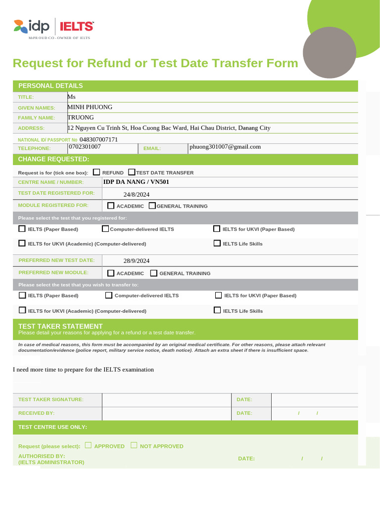 IELTS Request Refund Test Date Transfer Form Official 2 2 | PDF