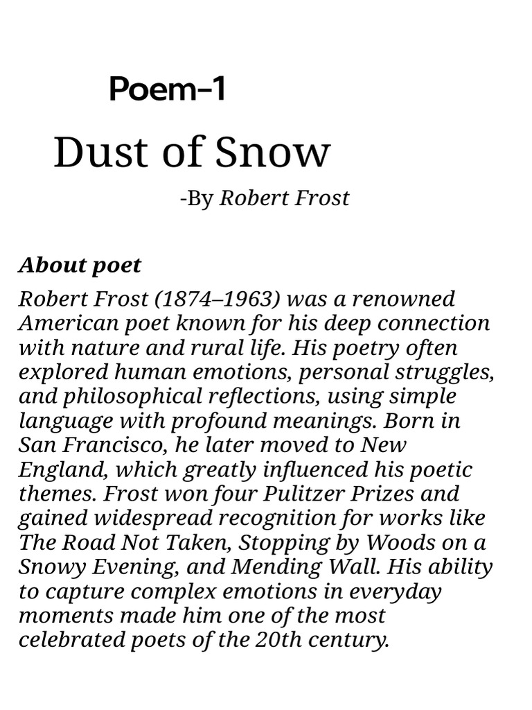Robert Frost's "Dust of Snow": Themes & Analysis | PDF | Poetry
