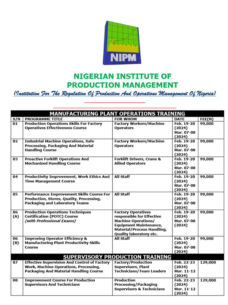 NIPM 2024 Training Program Schedule | PDF | Logistics | Supply Chain ...