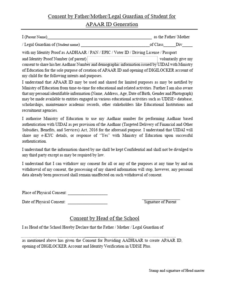 Consent by Father/Mother/Legal Guardian of Student For APAAR ID ...