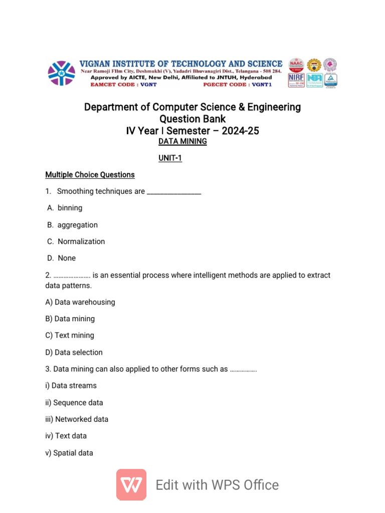 DM-Question Bank 2024-25 Objective Question Bank | PDF | Cluster Analysis | Statistical ...