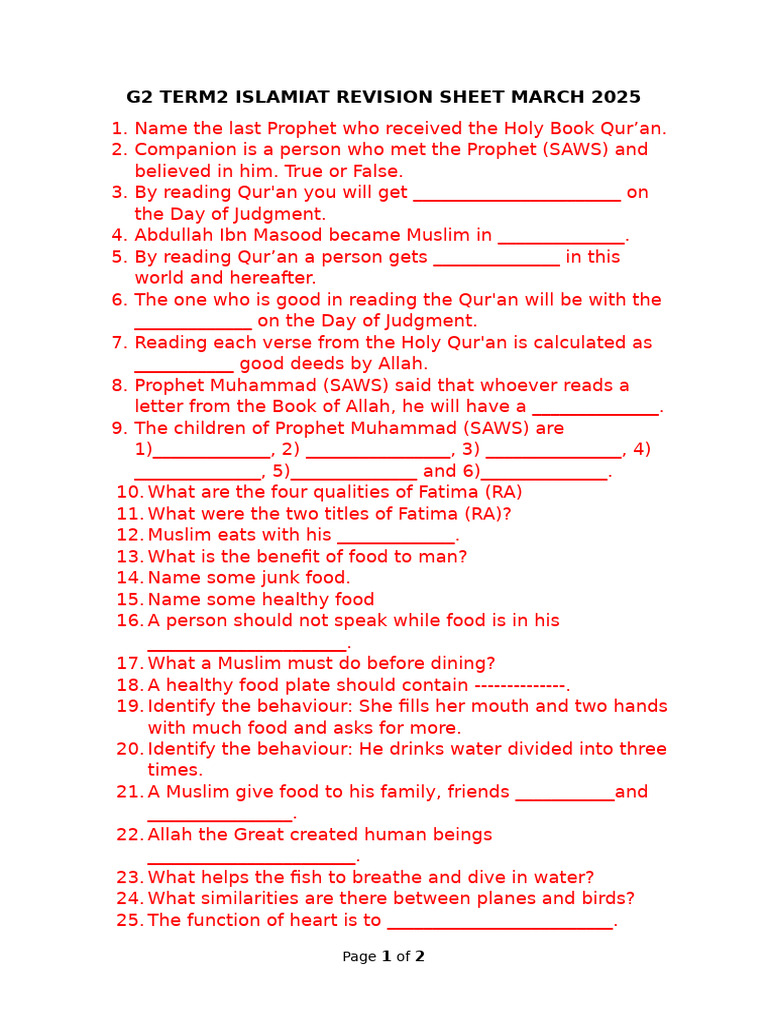 G2 Term2 Islamiat Revision Sheet March 2025 | PDF