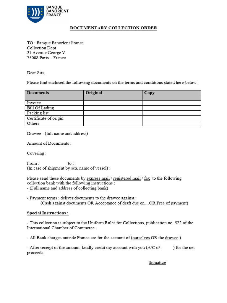 Paris Documentary Collection Form - 1 | PDF