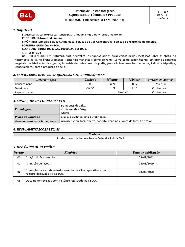 HIDROXIDO DE AMÔNIO (AMONÍACO) Ficha Tecnica | PDF | Amônia | Química