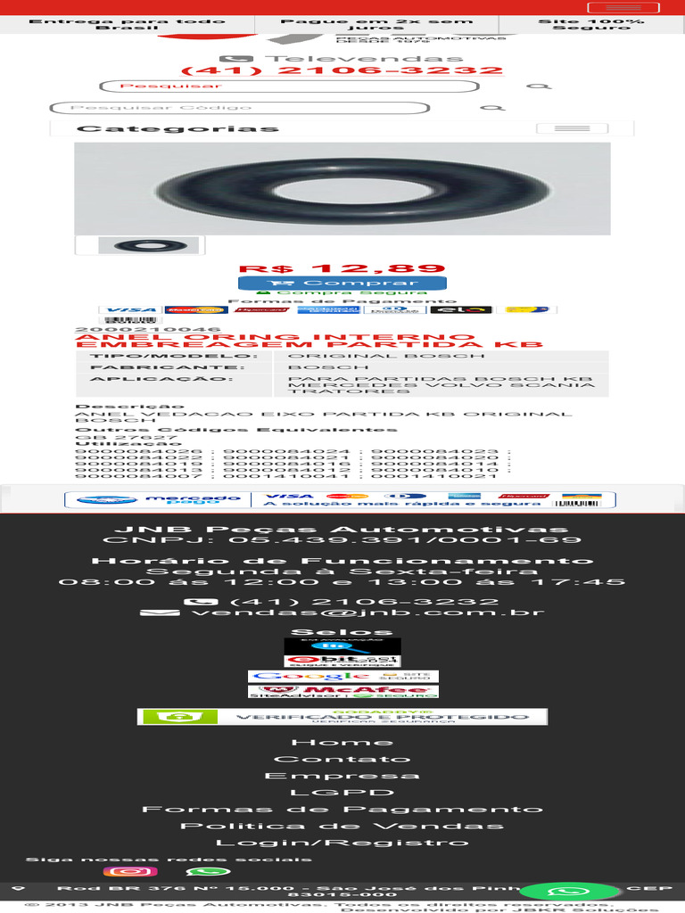 Anel Oring Interno Embreagem Partida KB | PDF